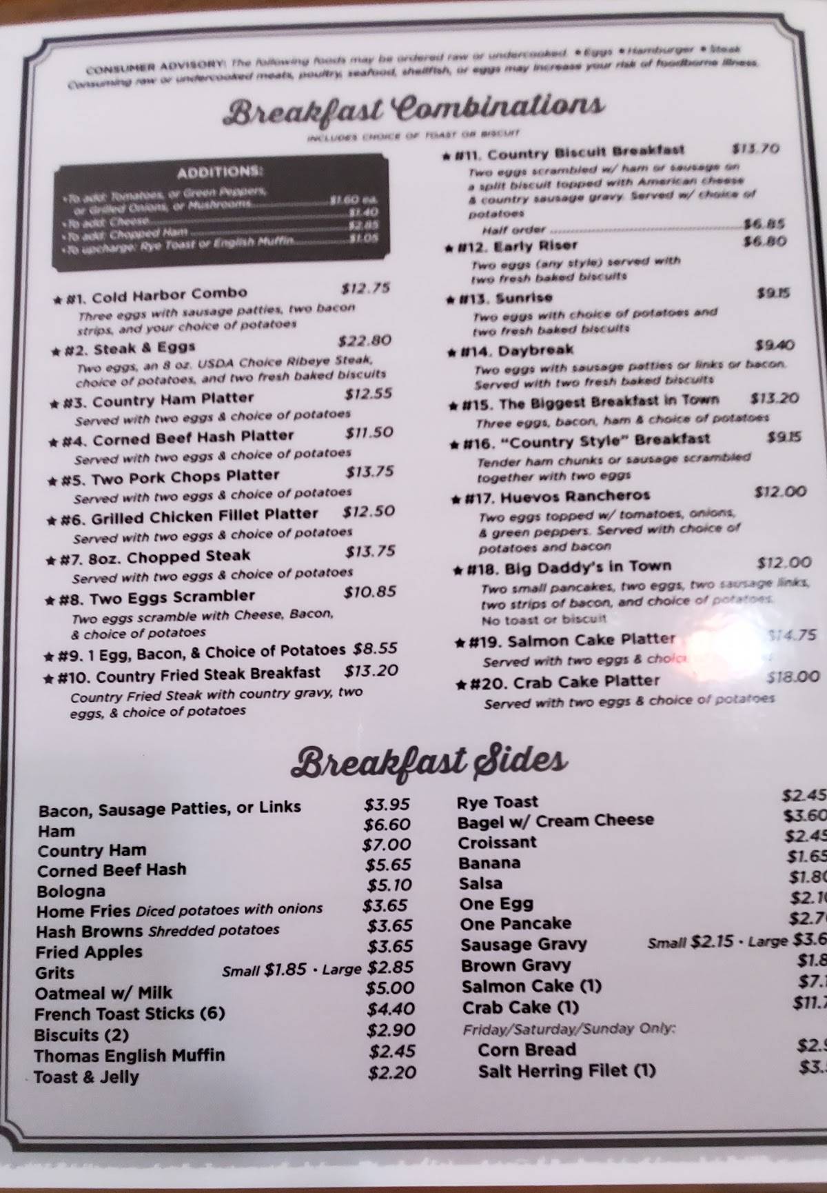 Menu at Cold Harbor Restaurant, Mechanicsville