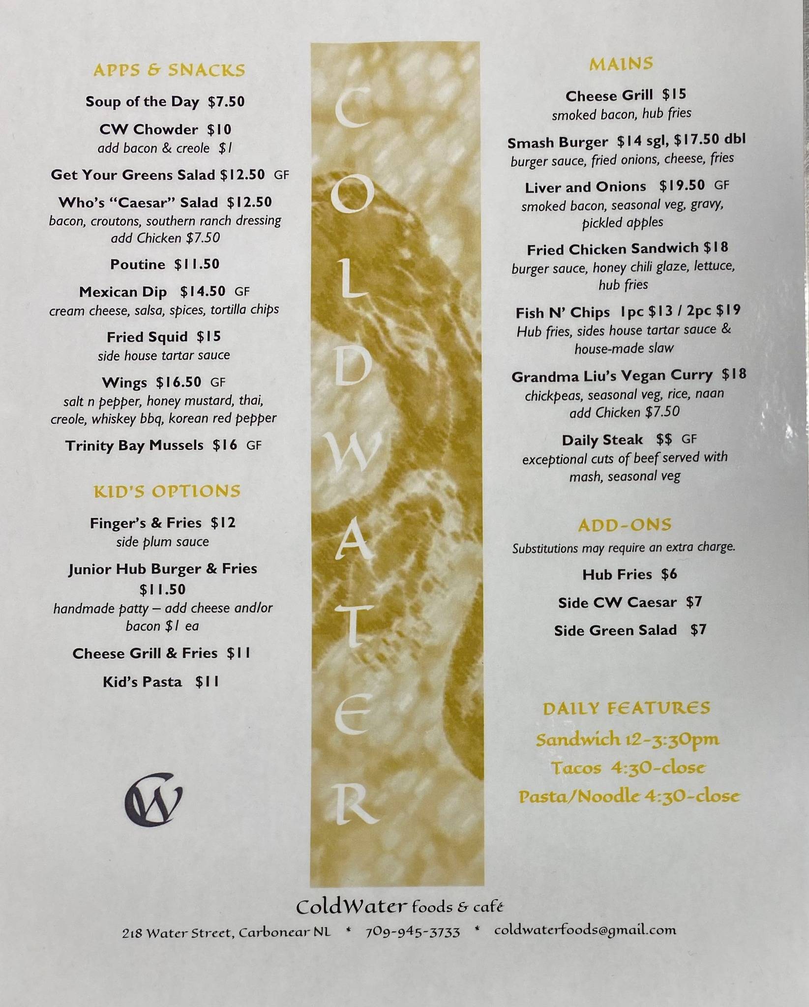 Menu at ColdWater Restaurant, Carbonear