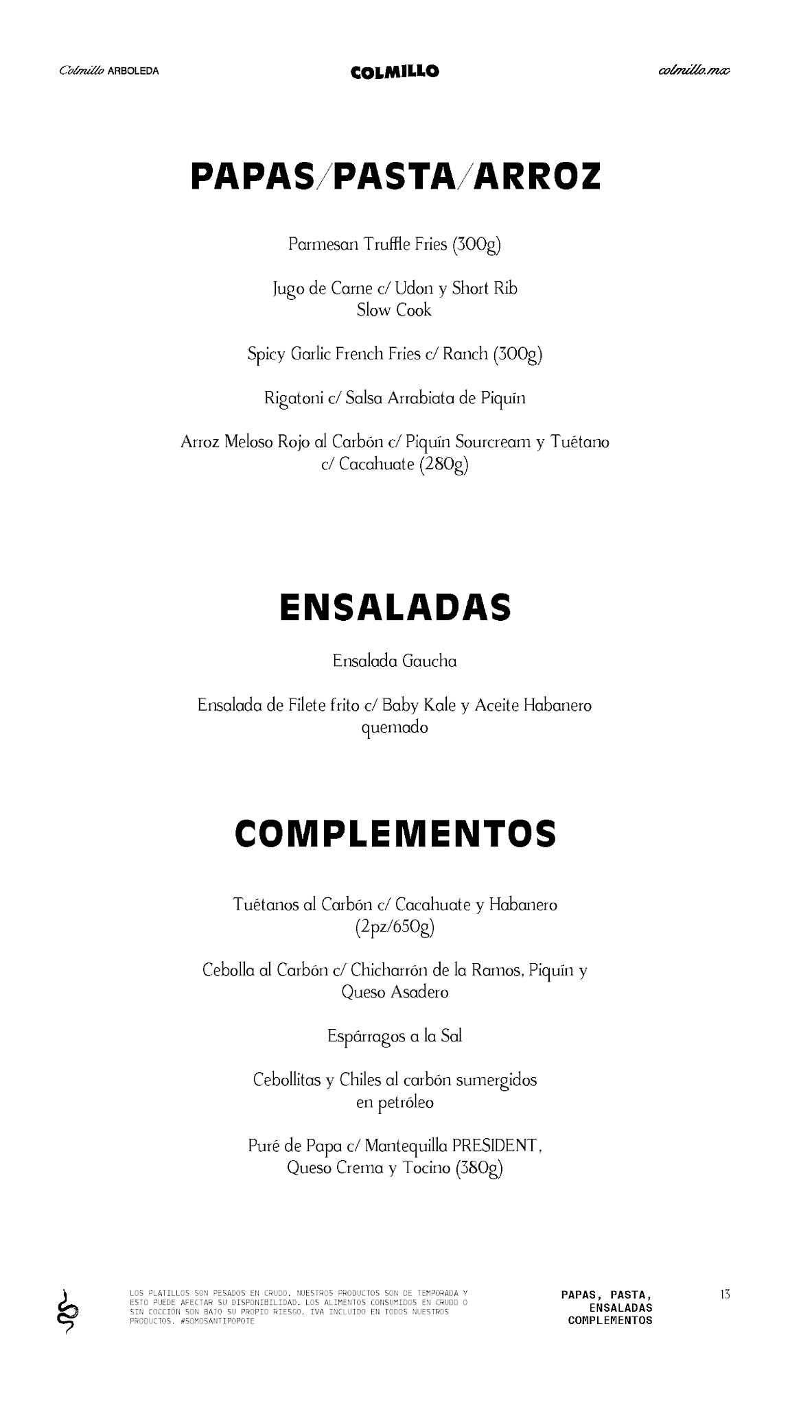 Carta del restaurante Colmillo Arboleda, San Pedro Garza García, Parque ...