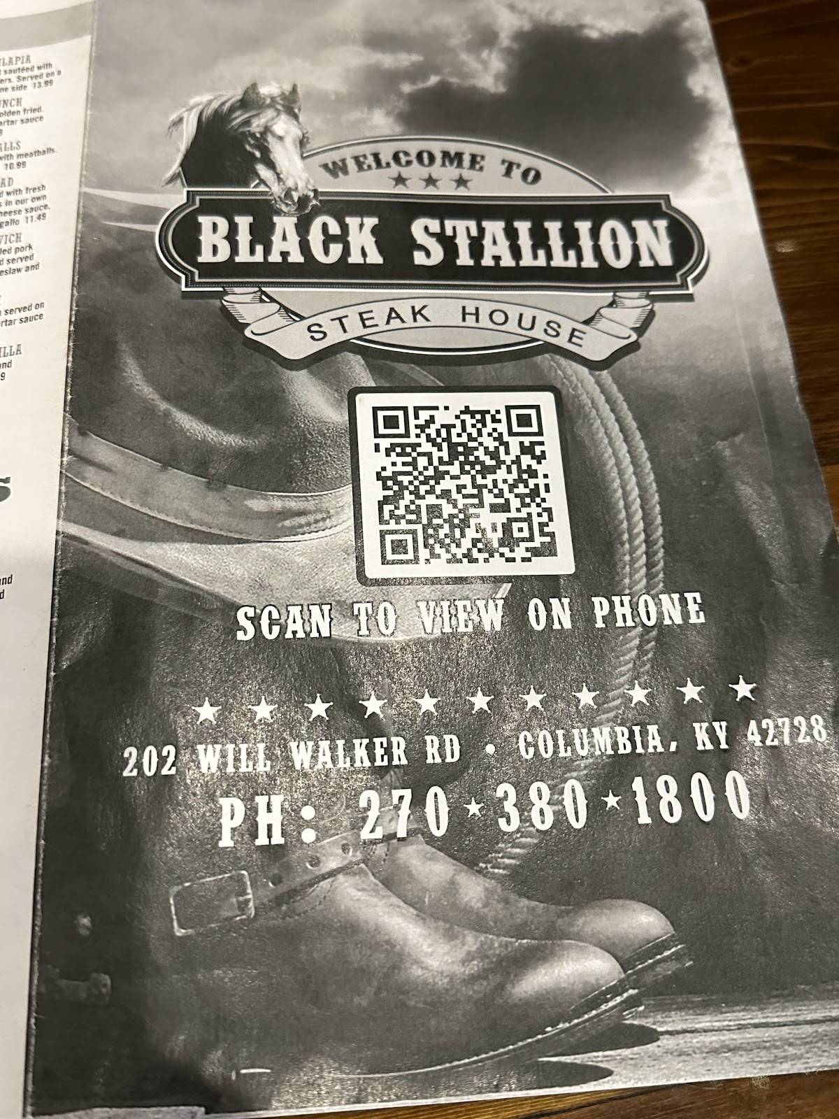 Menu at Black Stallion Steakhouse, Columbia