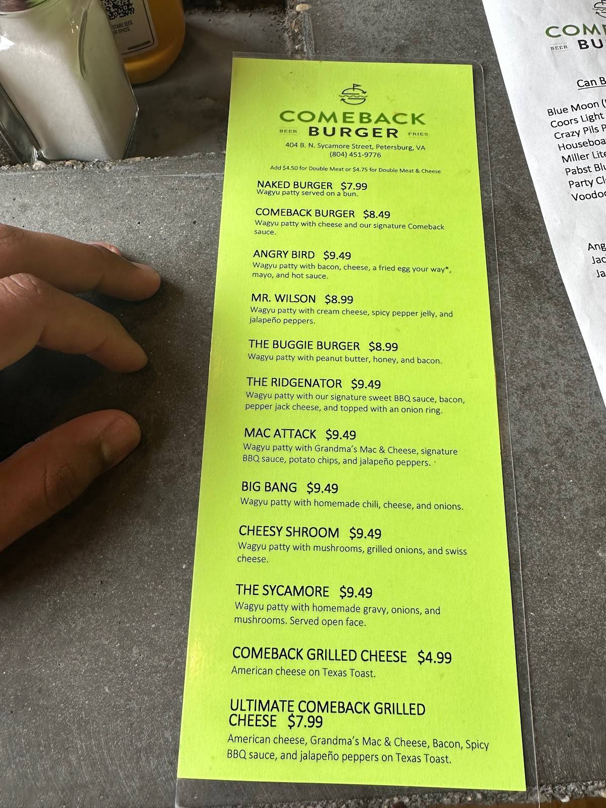 Menu at Comeback Burger restaurant, Petersburg
