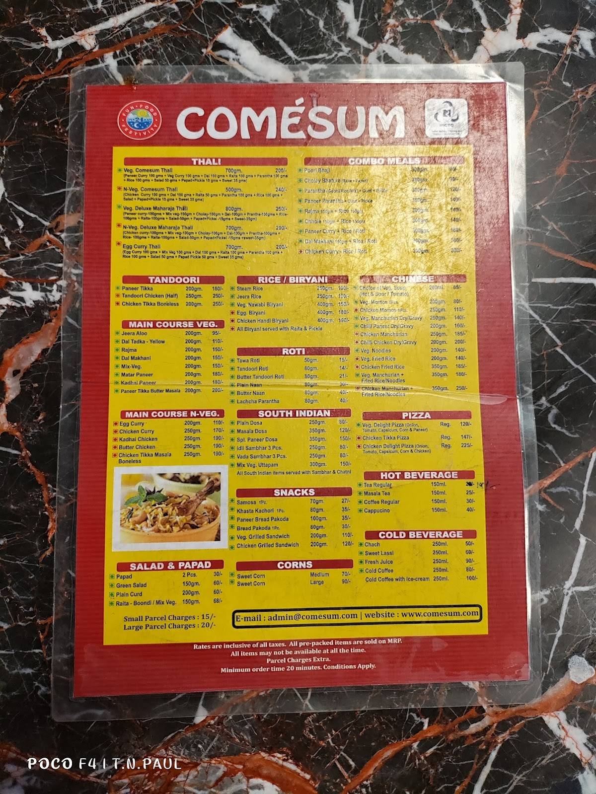 Menu at Comesum Food Plaza, Ranchi, railway station
