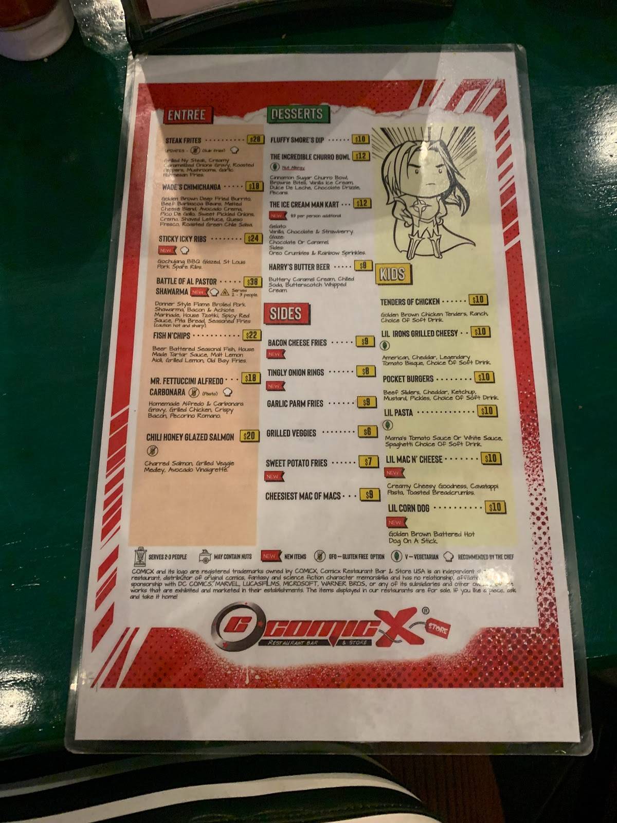Menu at Comicx Restaurant Bar & Store, Phoenix