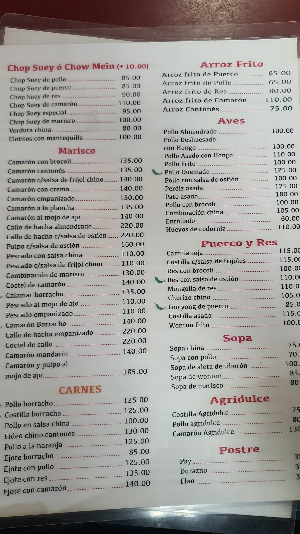Carta del restaurante Comida China Hon Lin, Hermosillo