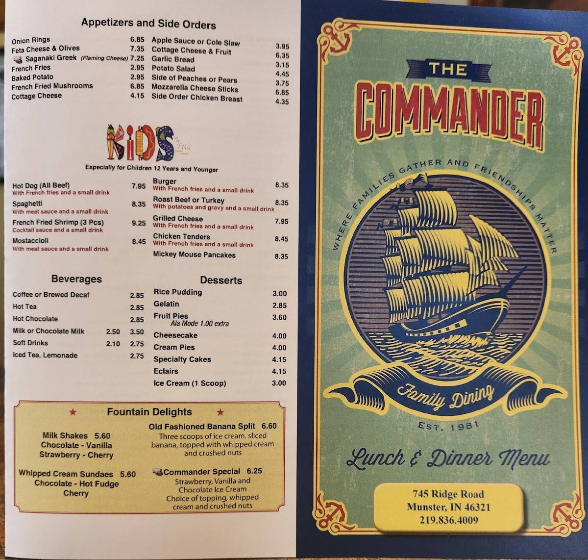 Menu at Commander Restaurant, Munster