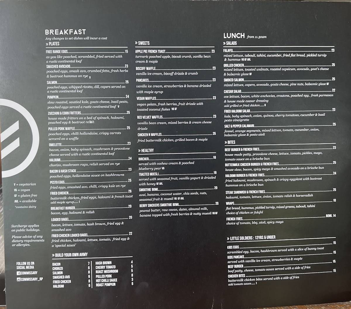 Menu at Commissary cafe, Rose Park