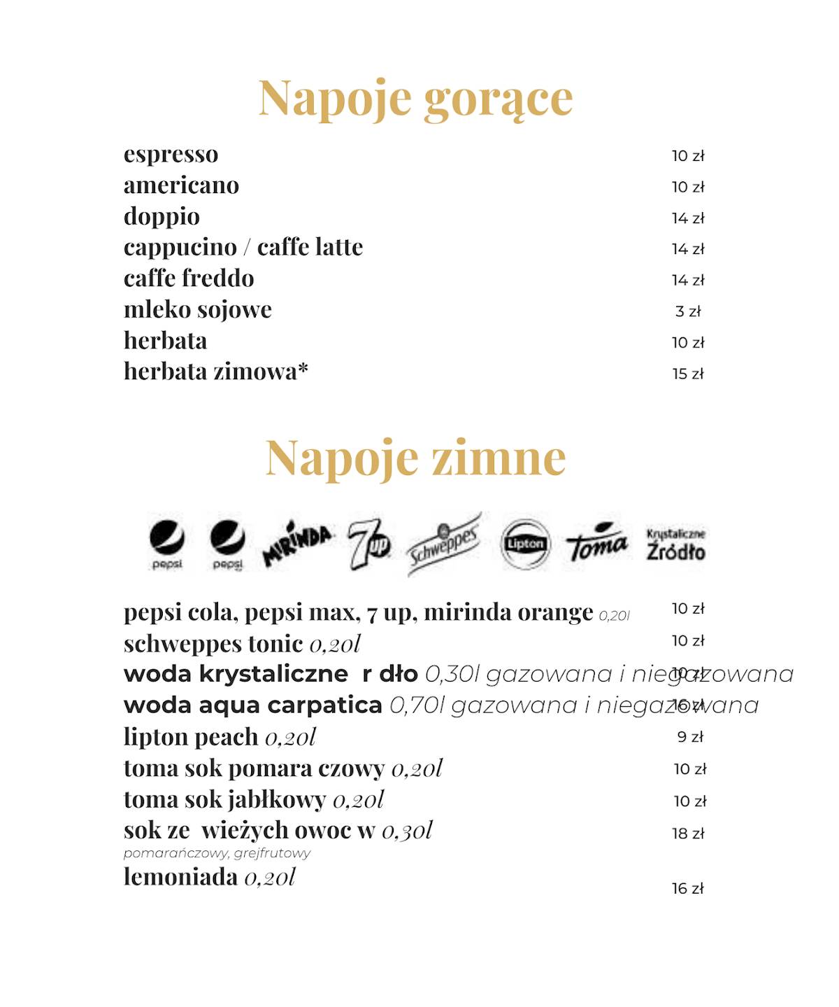 Menu at Como restaurant, Lublin