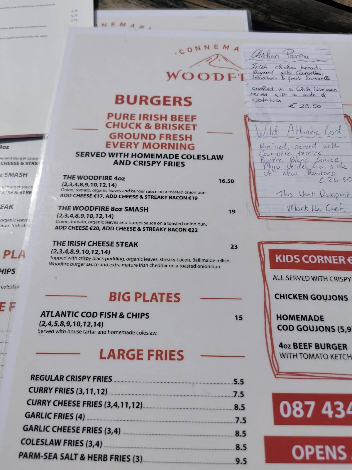 Menu at Connemara Woodfire restaurant, Letterfrack