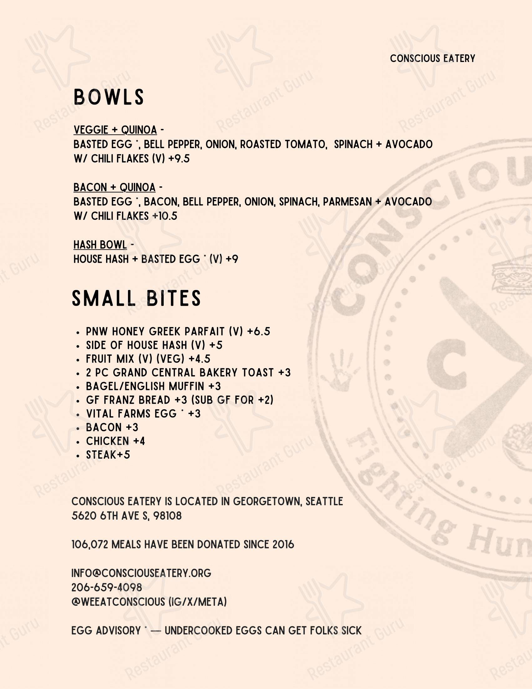 Menu at Conscious Eatery restaurant, Seattle