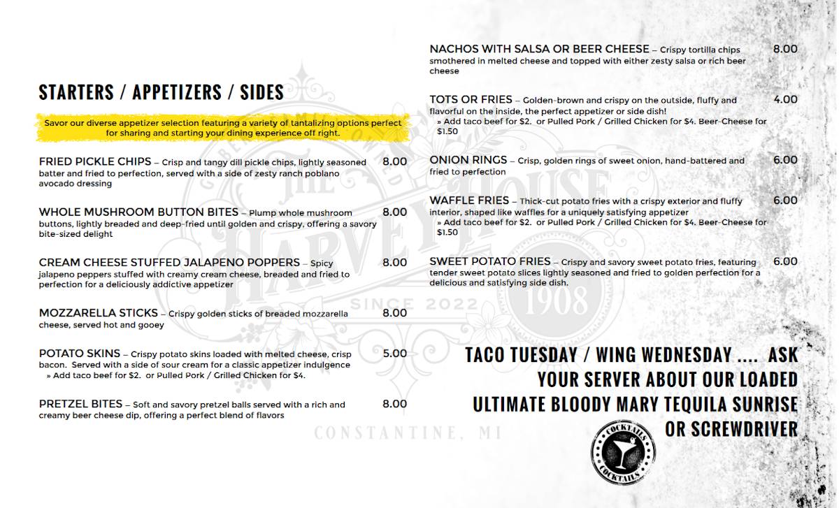 Menu at Constantine Harvey House restaurant, Constantine
