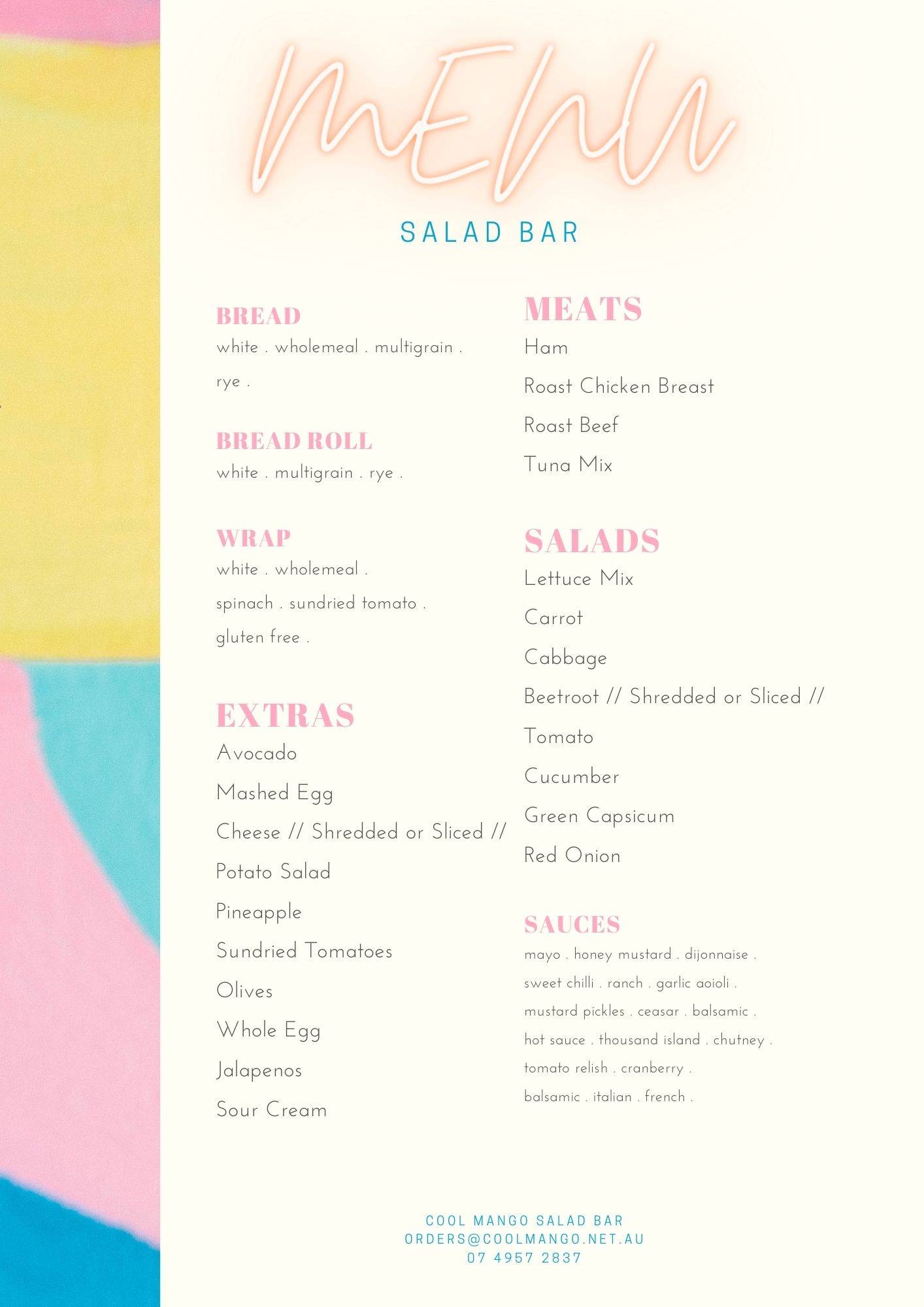 Menu at Cool Mango Salad Bar, Mackay