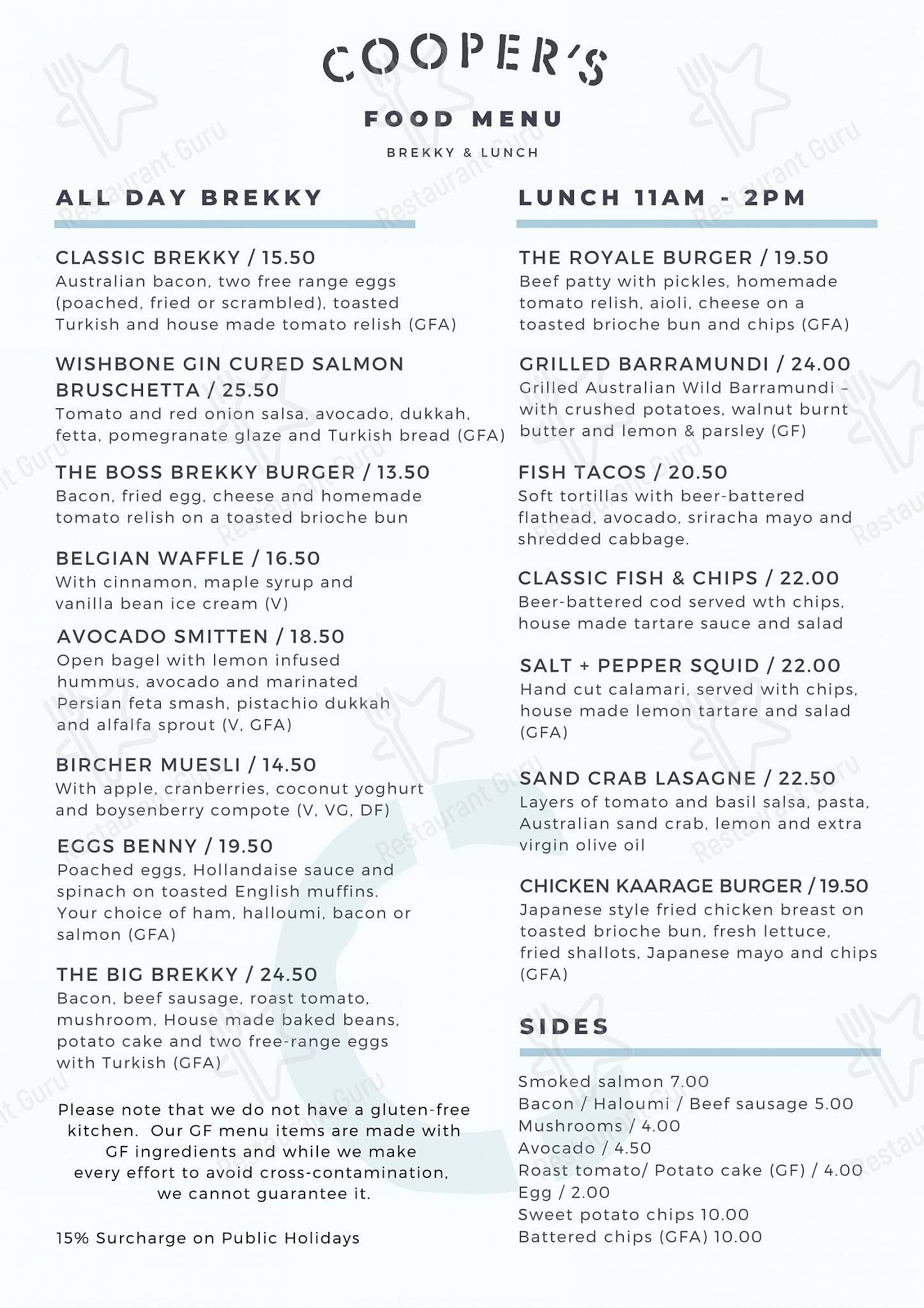 Menu at Cooper's Speciality Coffee and Tap House restaurant, Manly