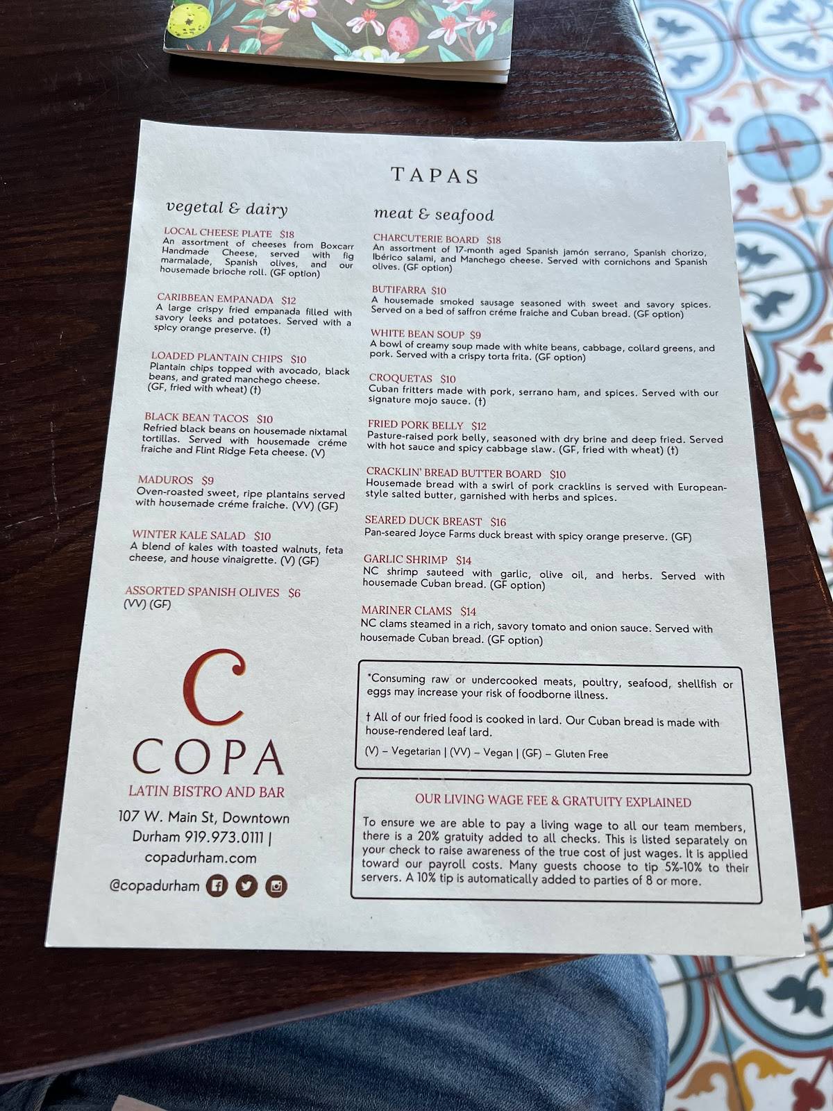 Menu at Copa restaurant, Durham