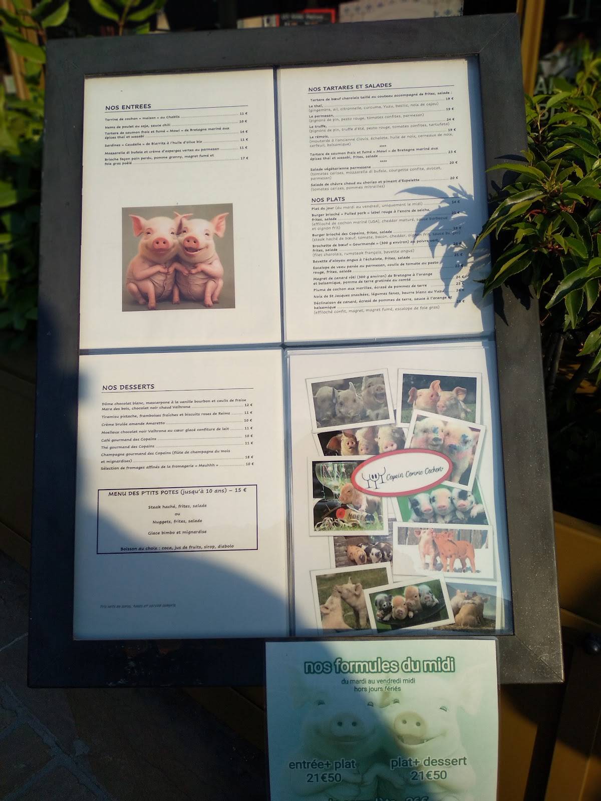 Menu au Copain Comme Cochon restaurant, Reims