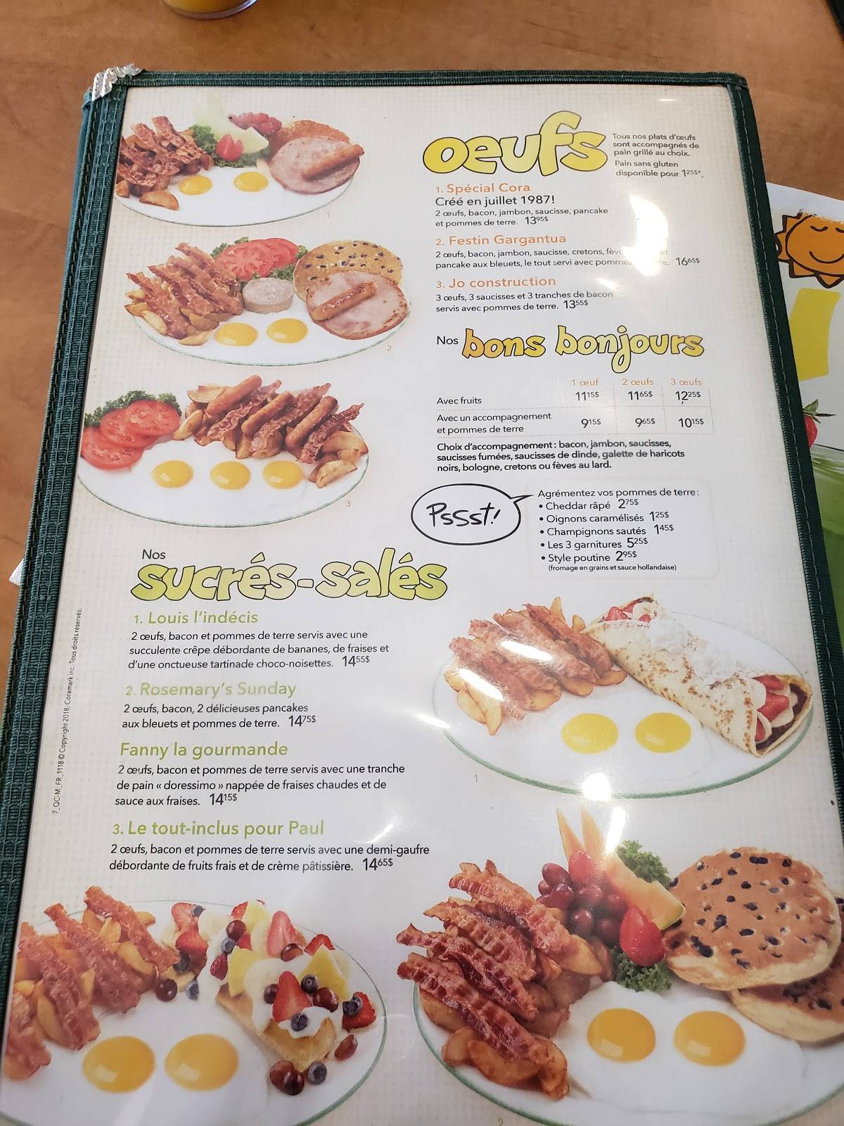 Menu au Cora déjeuners restaurant, Gatineau, 200 Bd Gréber