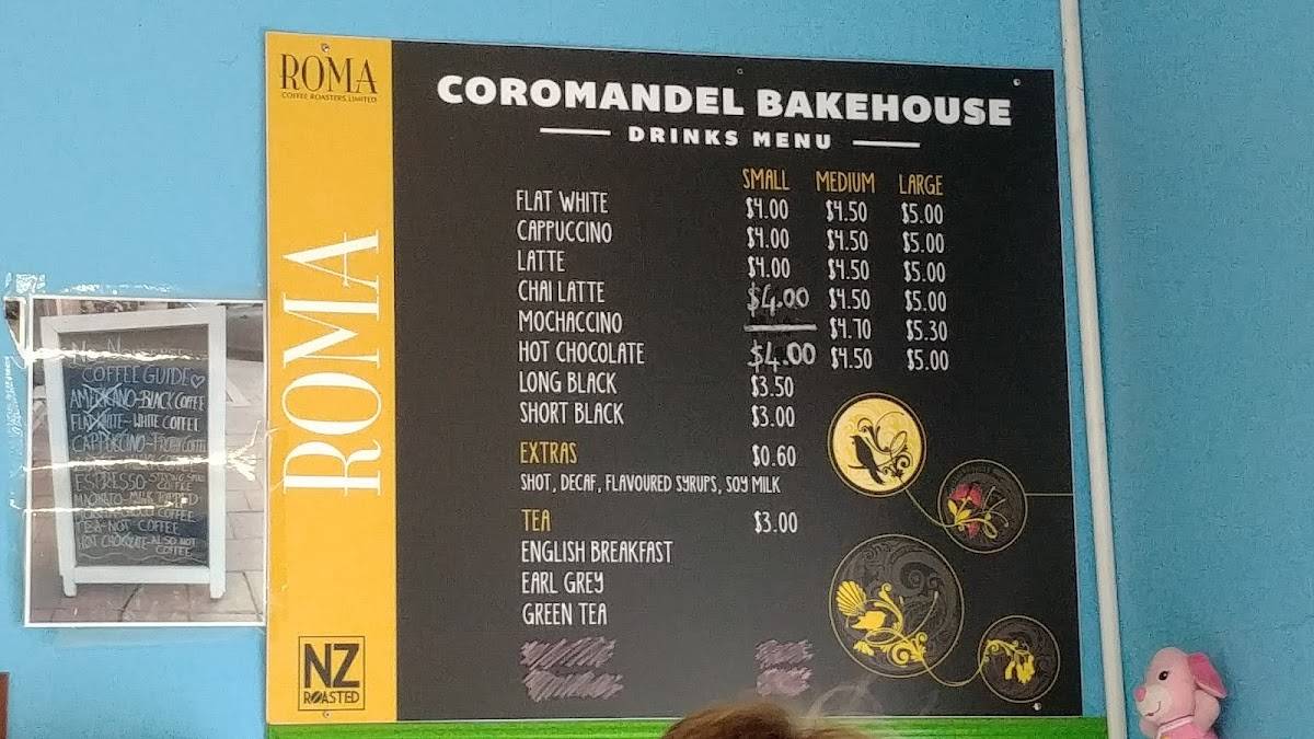 Menu at Coromandel Bakehouse cafe, Coromandel