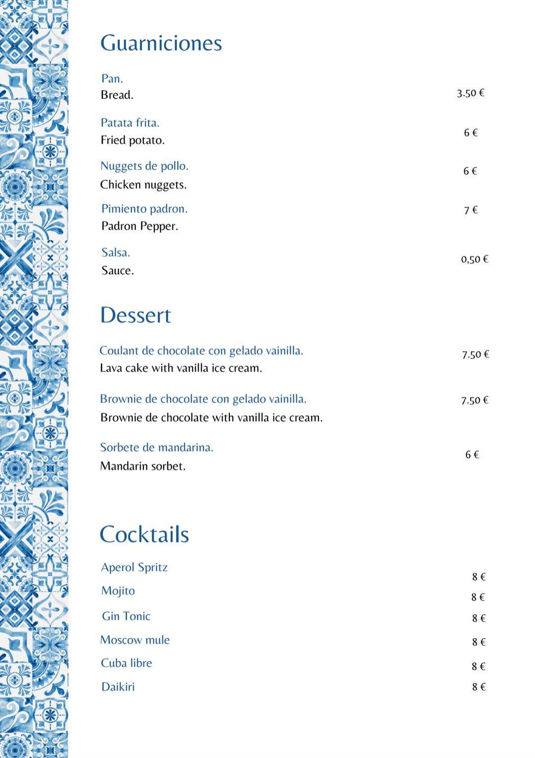Menu at Picamar Tapas Bistrò restaurant, Costa Adeje