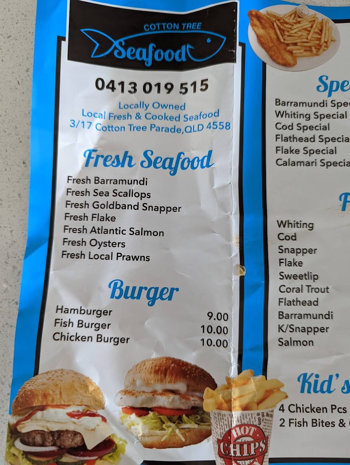Menu at Cotton Tree Seafoods fast food, Maroochydore