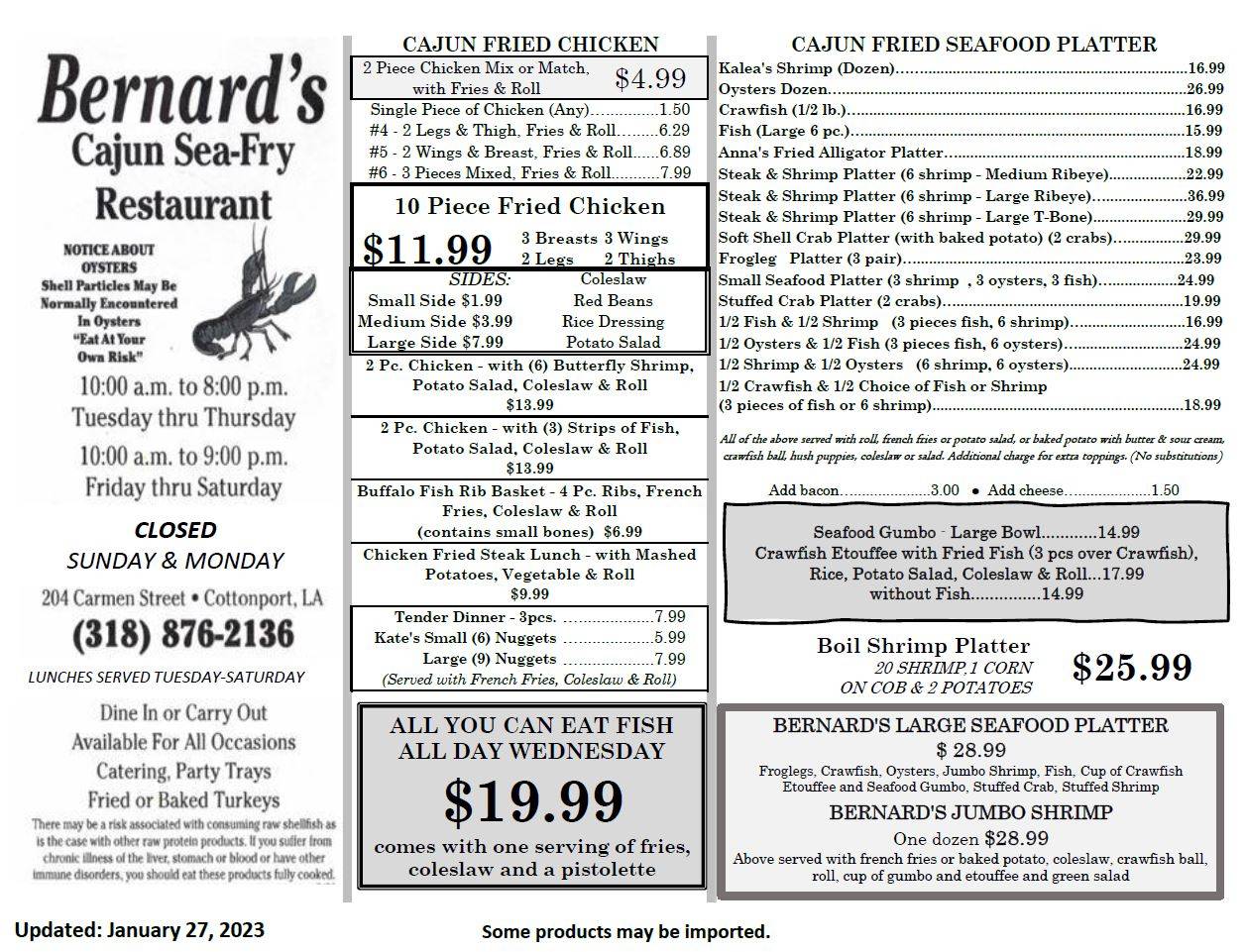 Menu at Bernard's Cajun Sea-Fry Restaurant, Cottonport