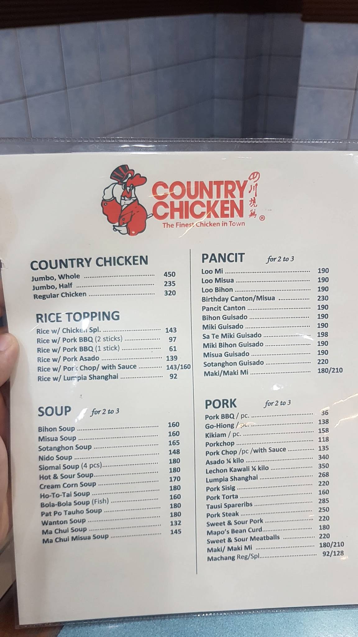 Menu at Country Chicken restaurant, Manila, 815 Benavidez St