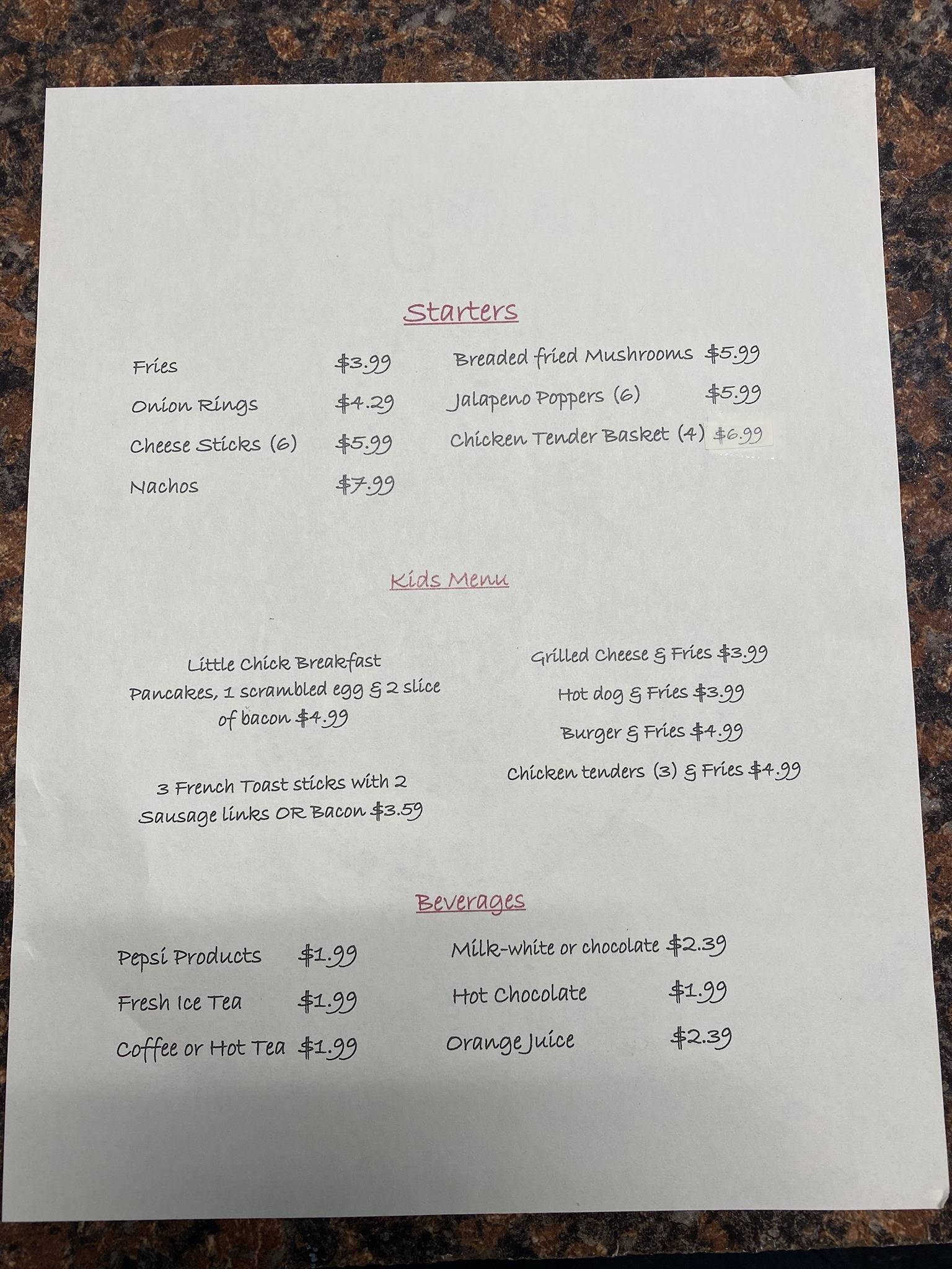 Menu at Country Red Hen restaurant, Peck