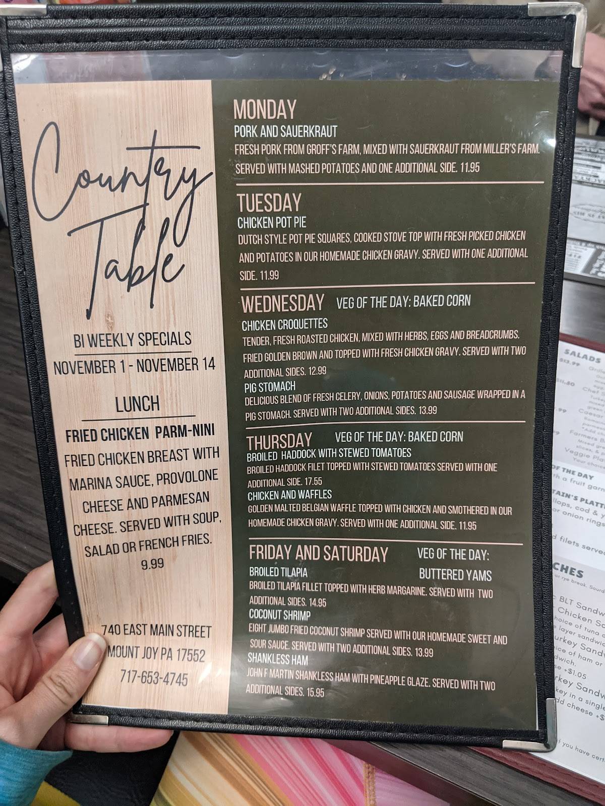 Menu at Country Table Restaurant, Mount Joy