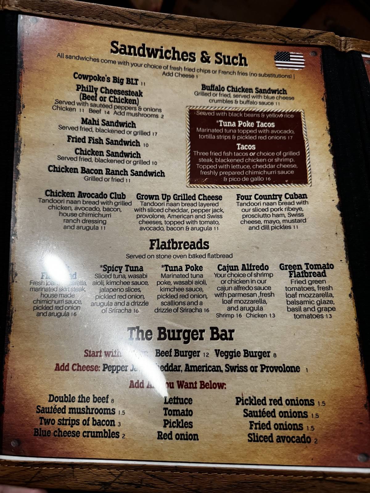 Menu at Cowpoke's Watering Hole steakhouse, Sebring, U.S. Hwy 27 S