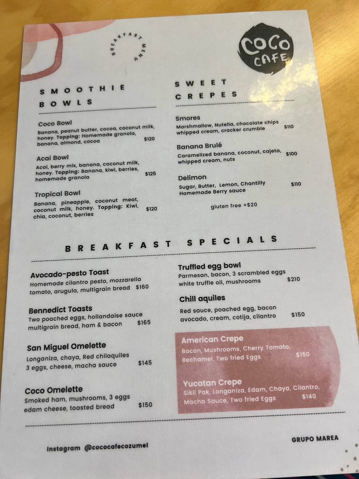 Carta de Coco Cafe, Cozumel