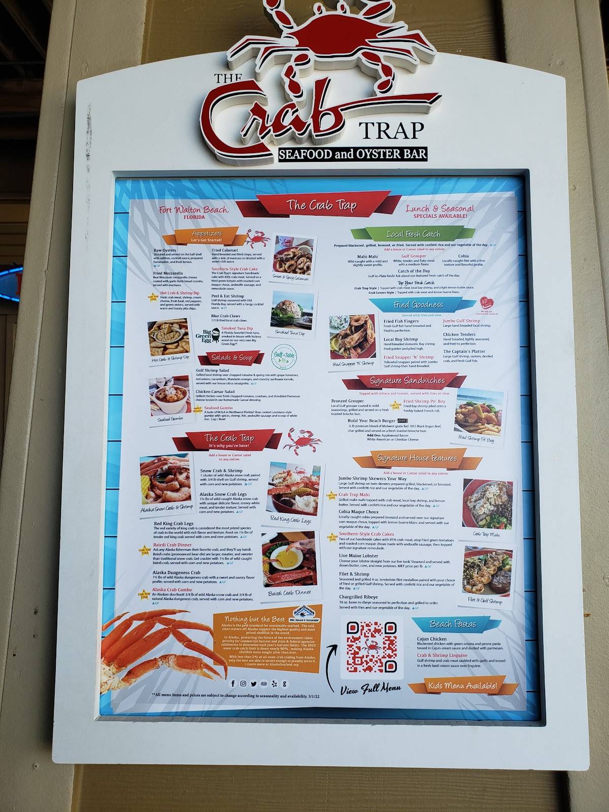 Menu at Crab Trap, Fort Walton Beach restaurant, Fort Walton Beach