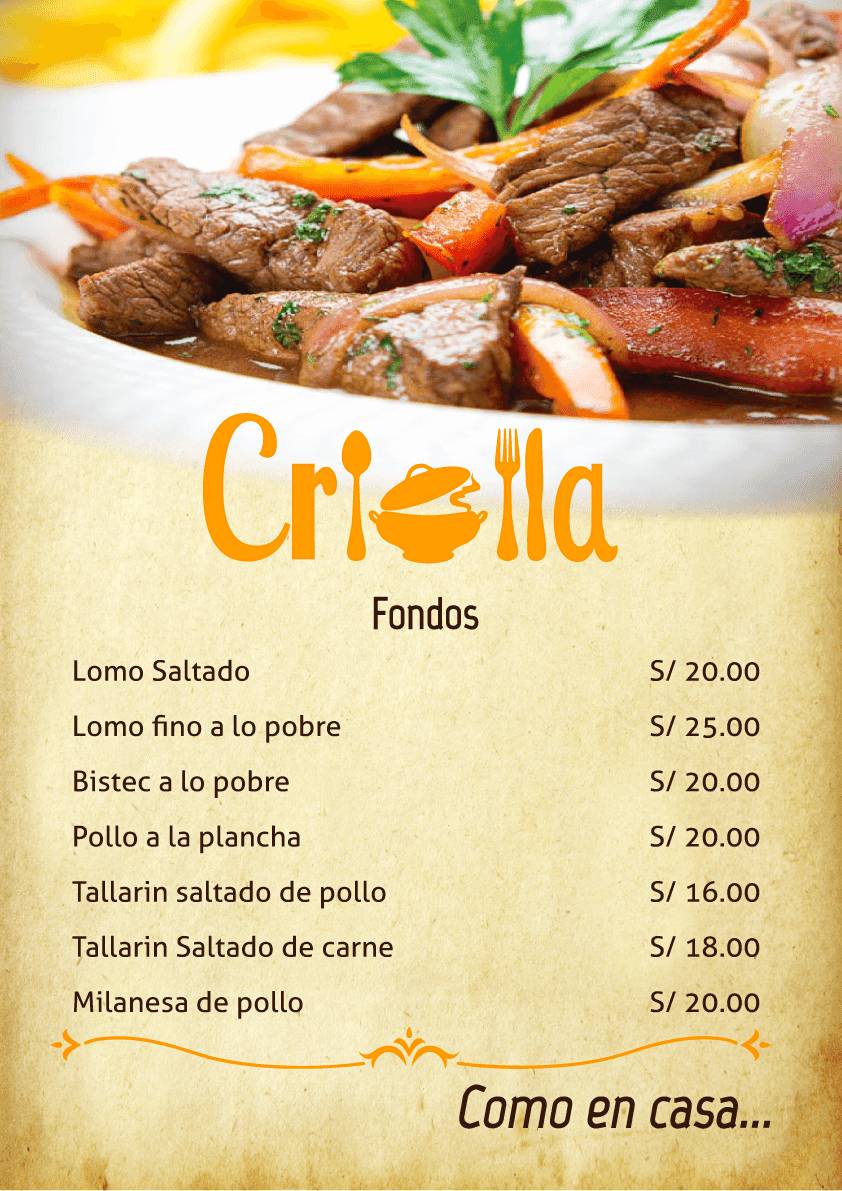 Carta de Criolla Restaurante, Nuevo Chimbote