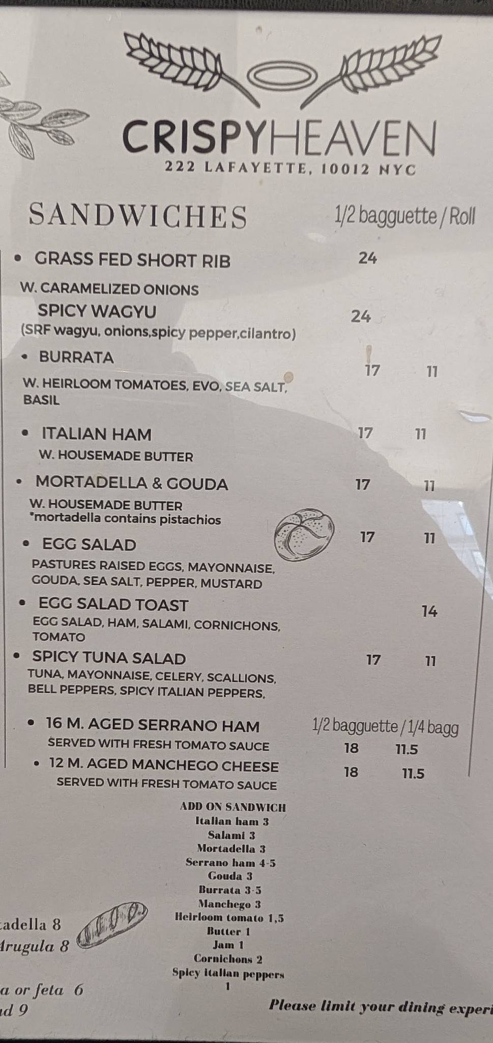 Menu at Crispy Heaven bakery and restaurant, New York City