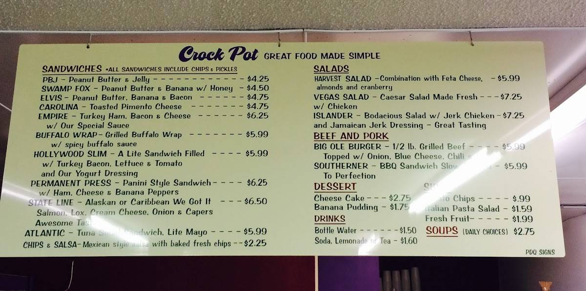 Menu at Crock Pot restaurant, Spartanburg