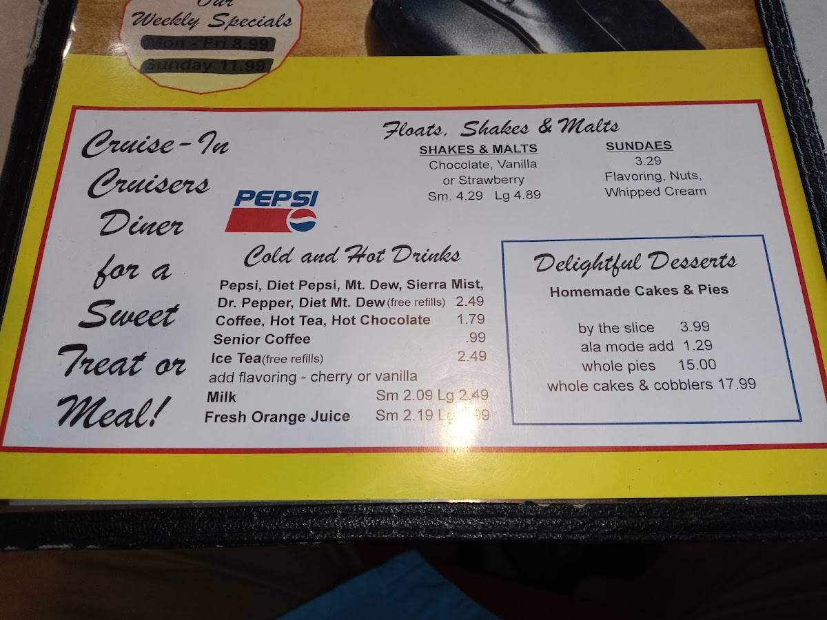 Menu at Cruisers Diner restaurant, Seaman