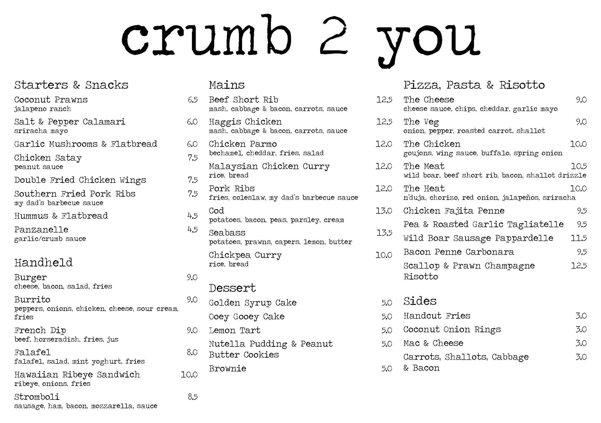 Menu at Crumb restaurant, Dumfries, 53 St Michael St