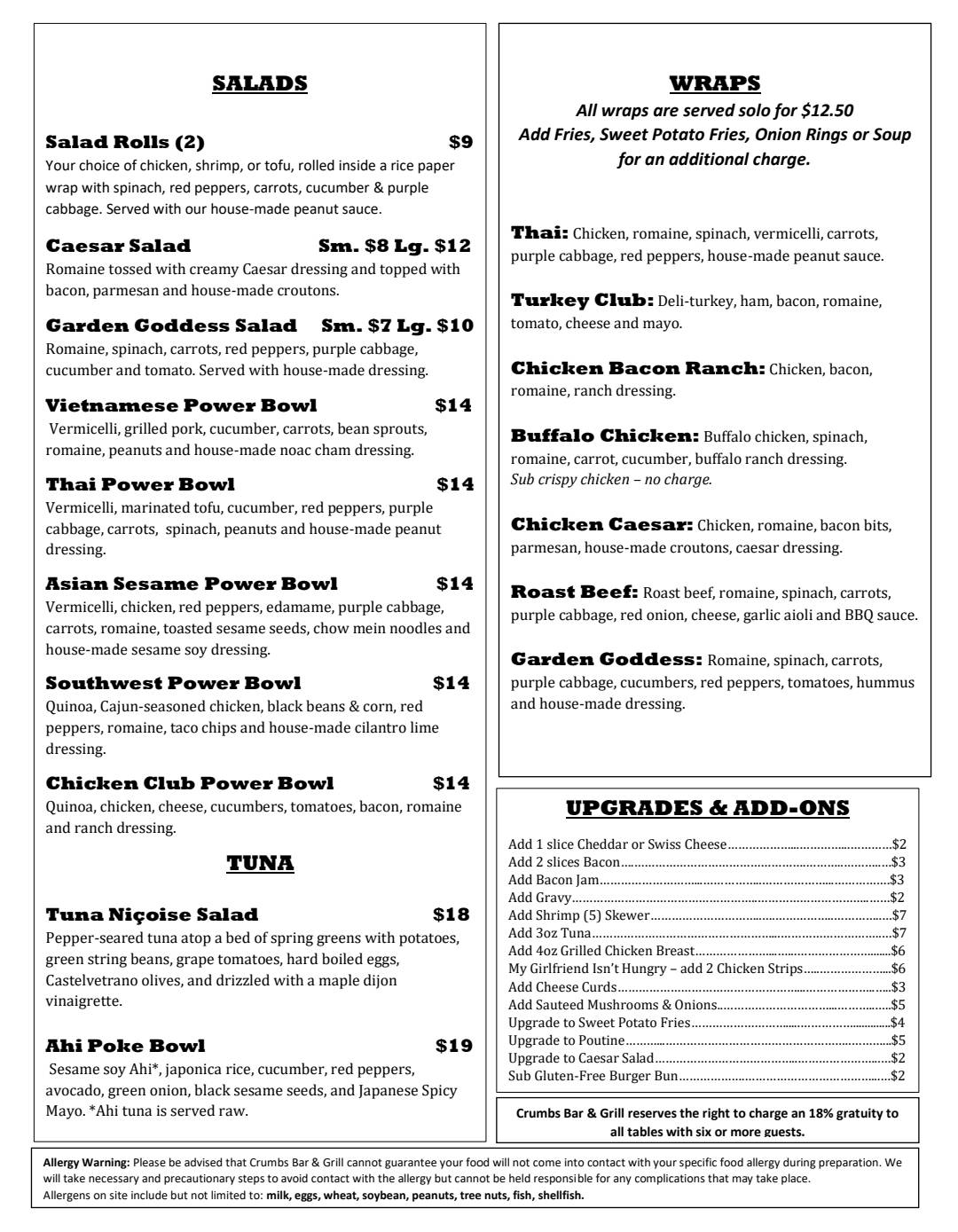 Menu at Crumbs Bar & Grill, Sparwood