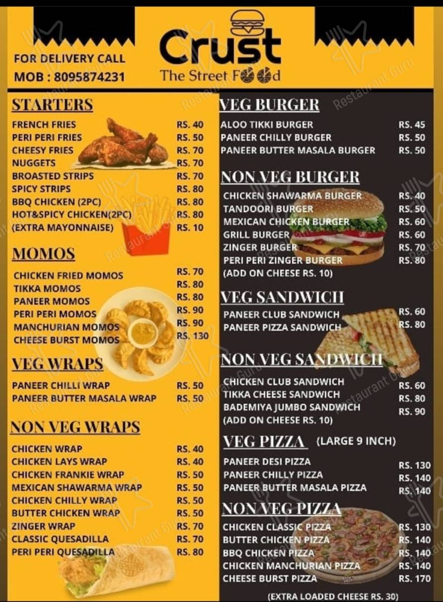 Menu at Crust street food, Mangaluru