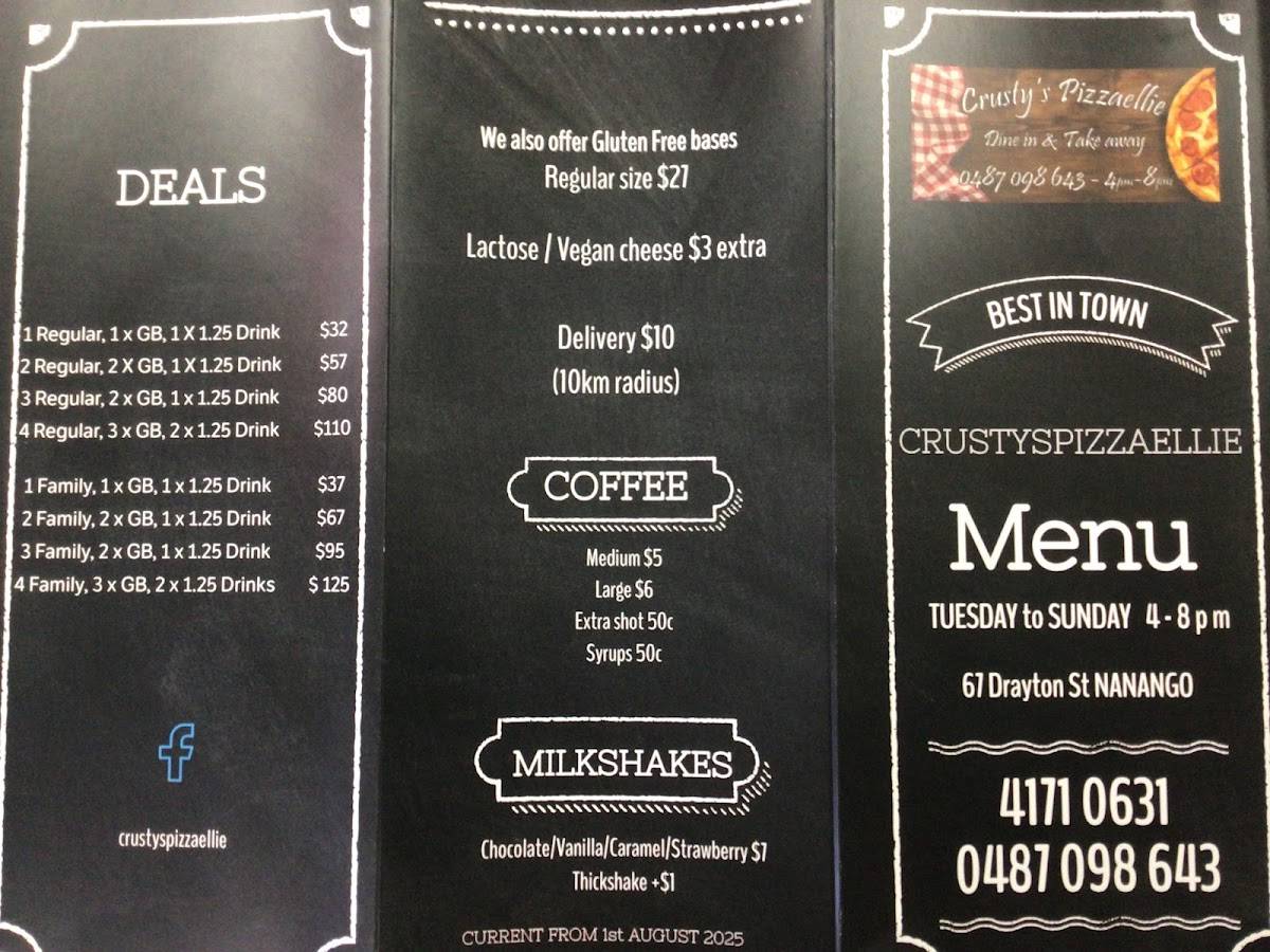 Menu at Crustys Pizzaellie Nanango pizzeria, Nanango