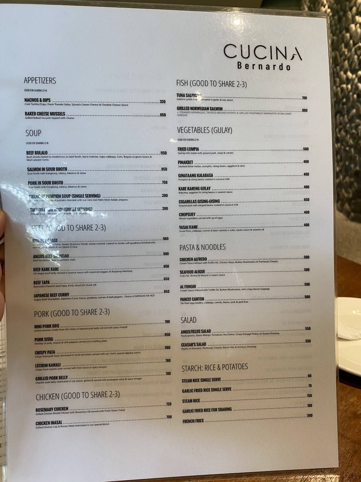 Menu at Cucina Bernardo Angelfields Nature Sanctuary restaurant, Silang