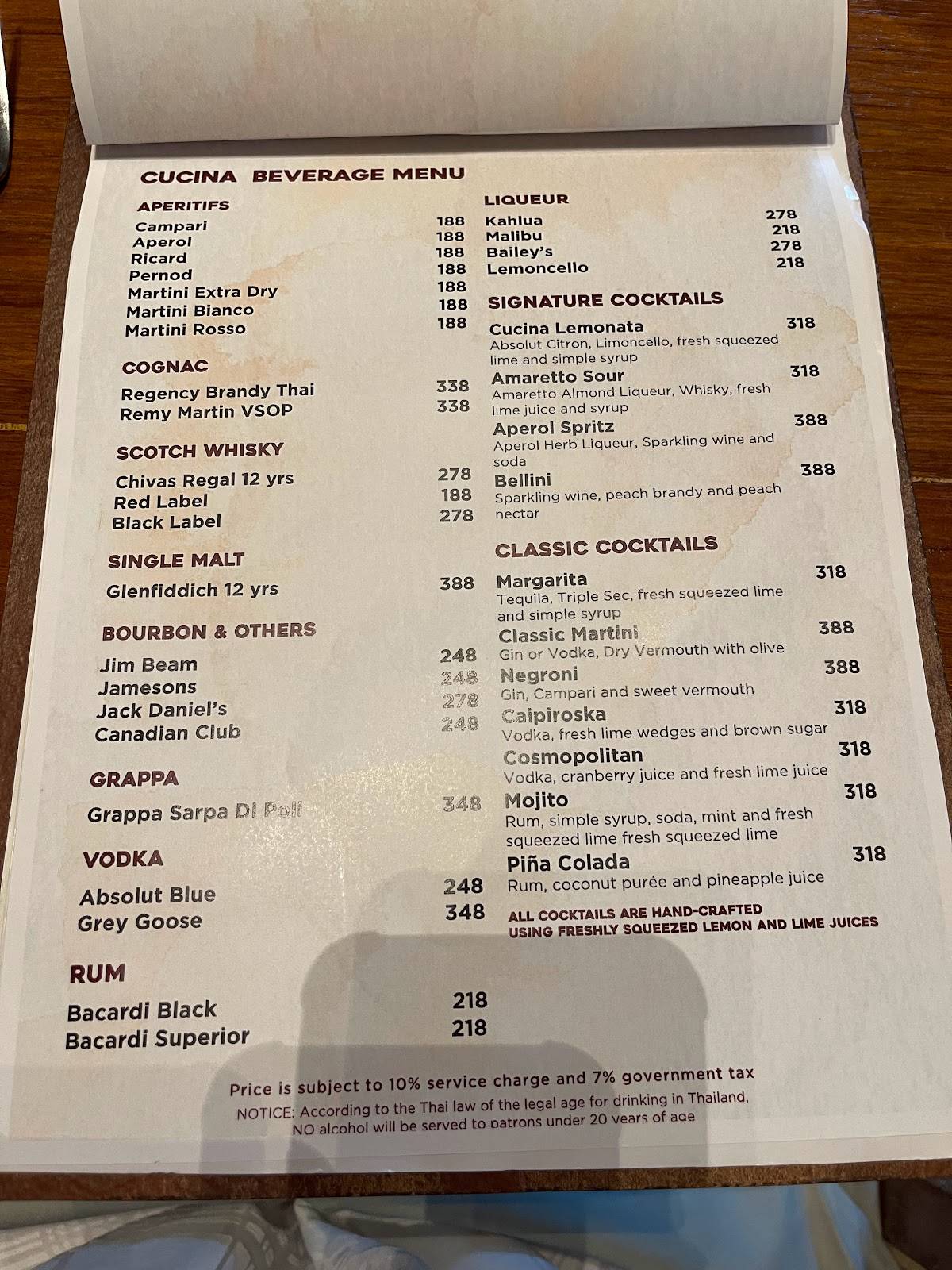 Menu at Cucina at JW Marriott Phuket restaurant, Mai Khao