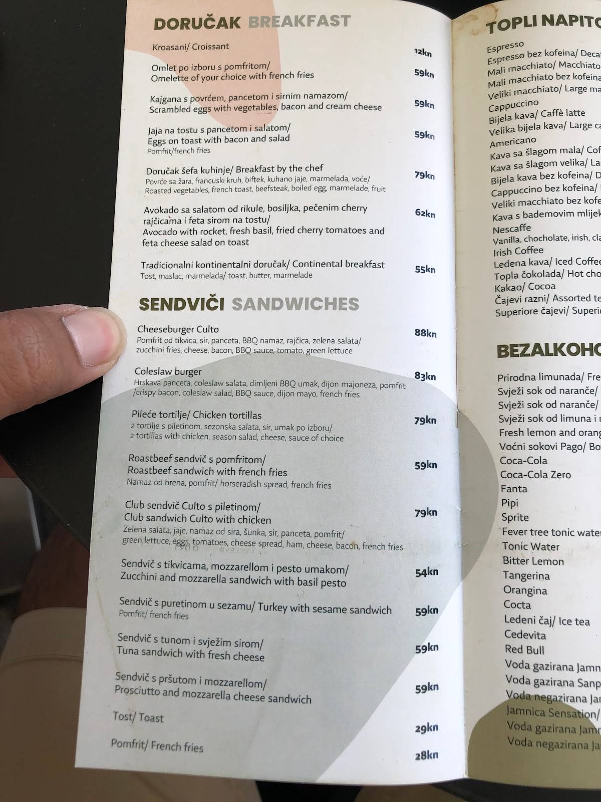 Menu au Culto Restaurant, Dubrovnik