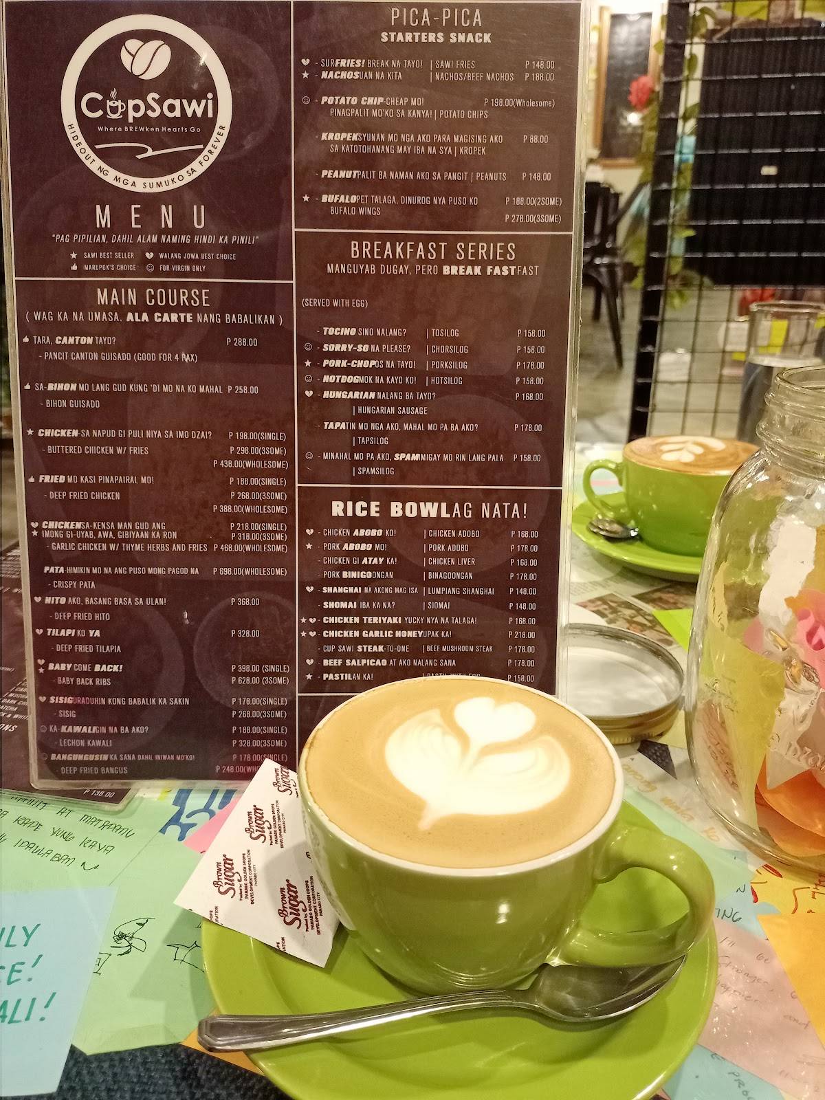 Carta de Cup Sawi Cafe, Dávao, Veloso St