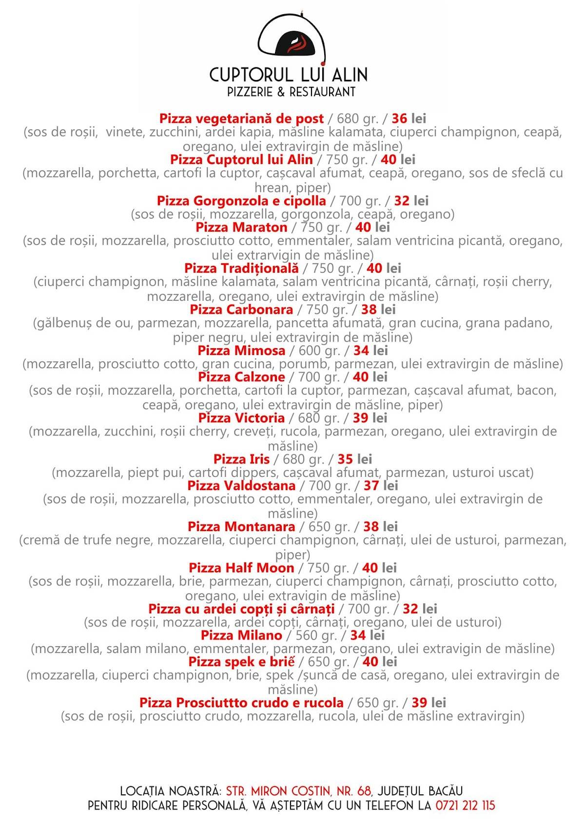 Menu at Cuptorul lui Alin, Bacău