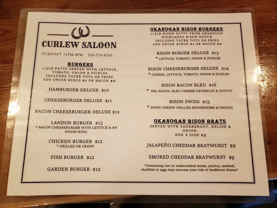 Menu at Curlew Saloon pub & bar, Curlew