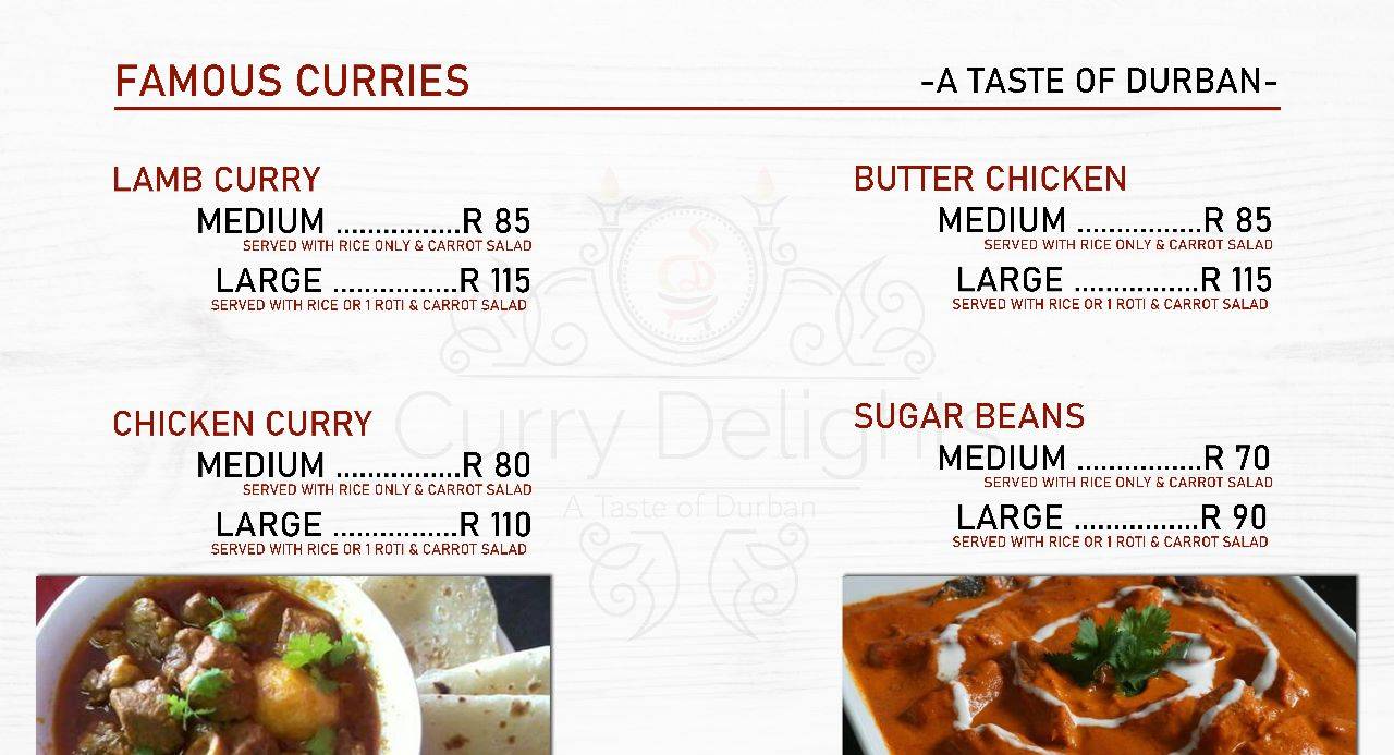 Menu at Curry Delights restaurant, Bloemfontein, Curie Avenue
