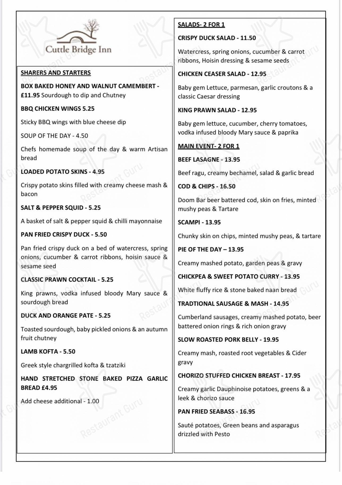 Menu at Cuttle Bridge Inn restaurant, Sutton Coldfield