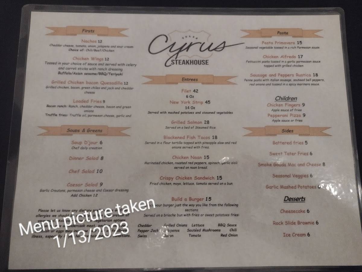 Menu at Cyrus Steakhouse, Tulsa