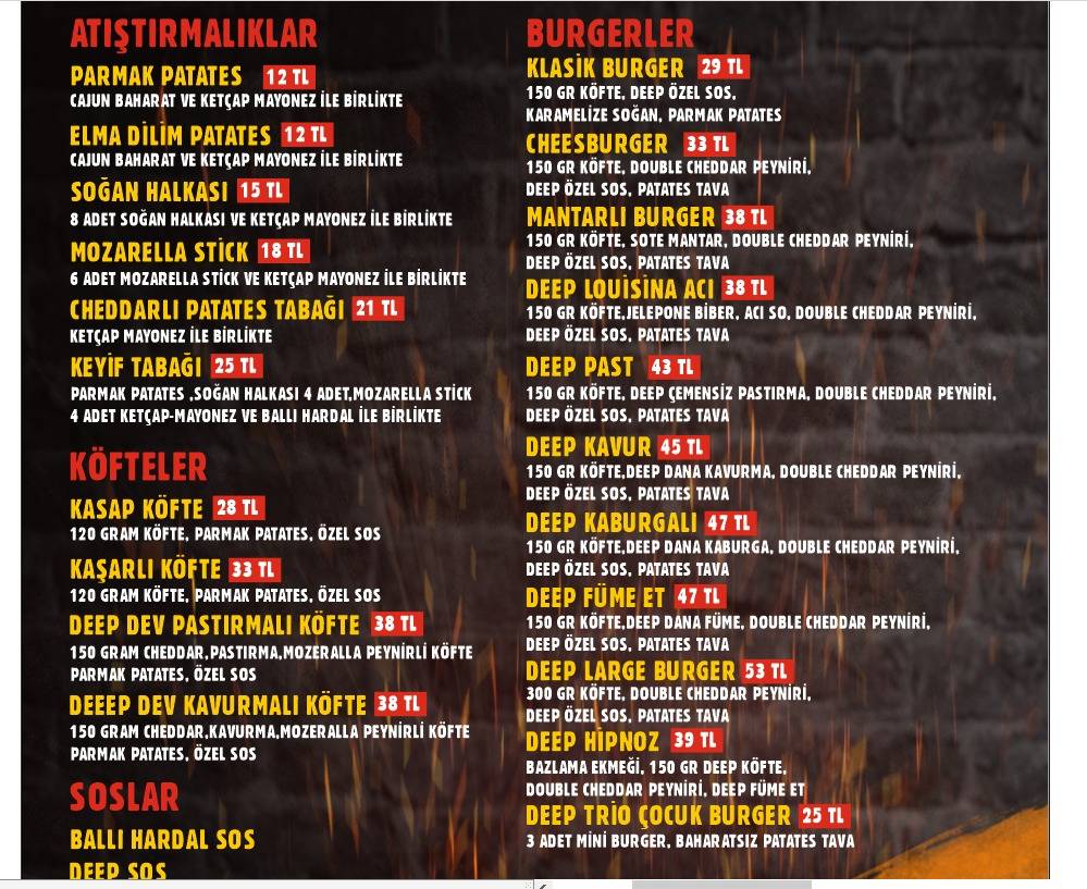 Carta de DEEP BURGER, Estambul