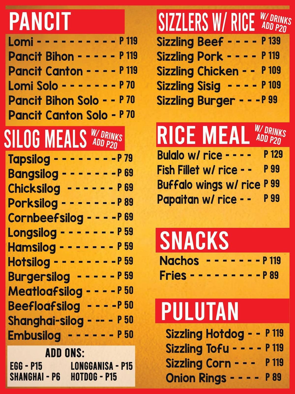 Menu at DINE N CHOW restaurant, Tarlac City