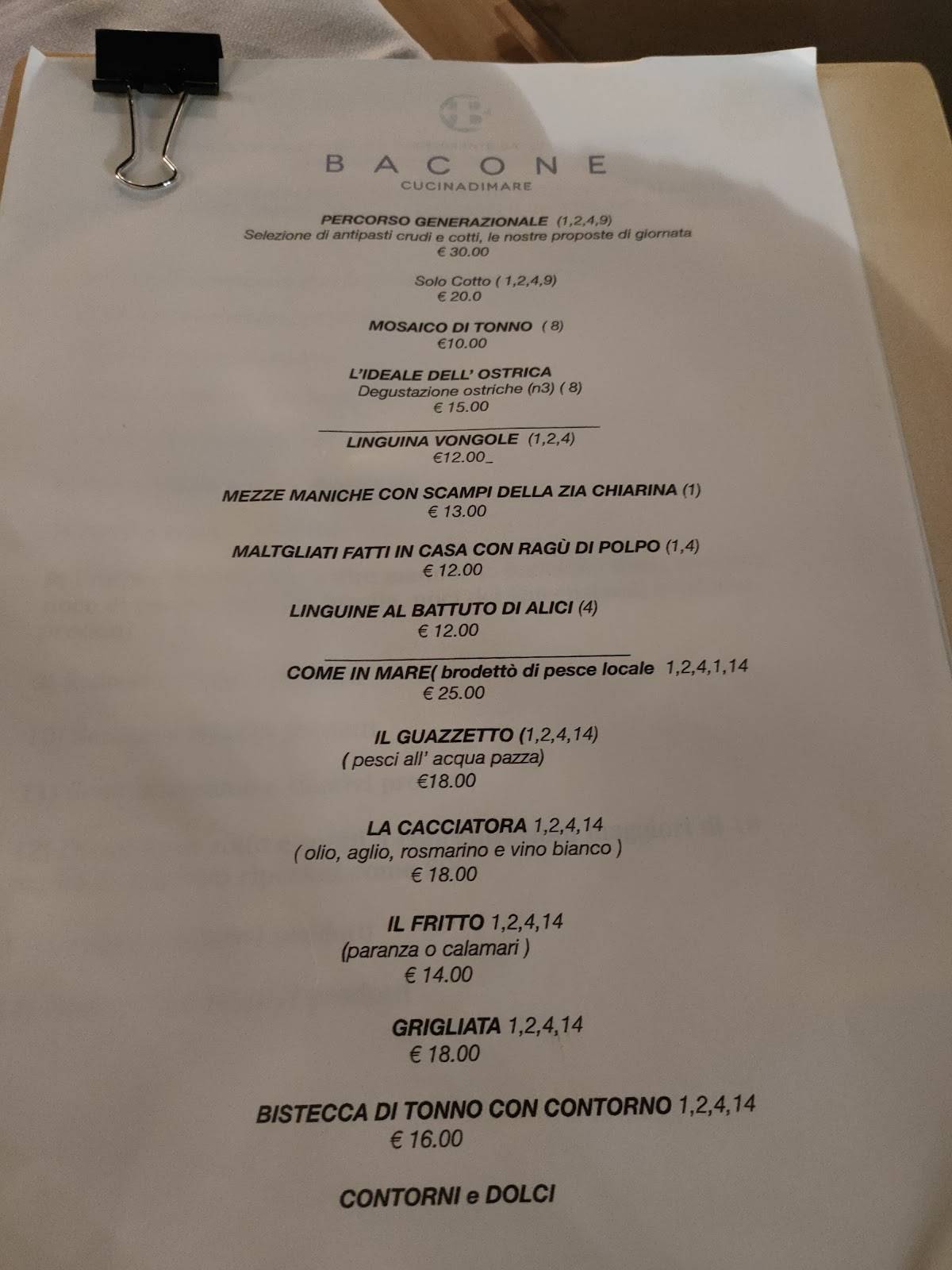 Menu da Da Bacone ristorante, Pescara, Lungomare G. Matteotti