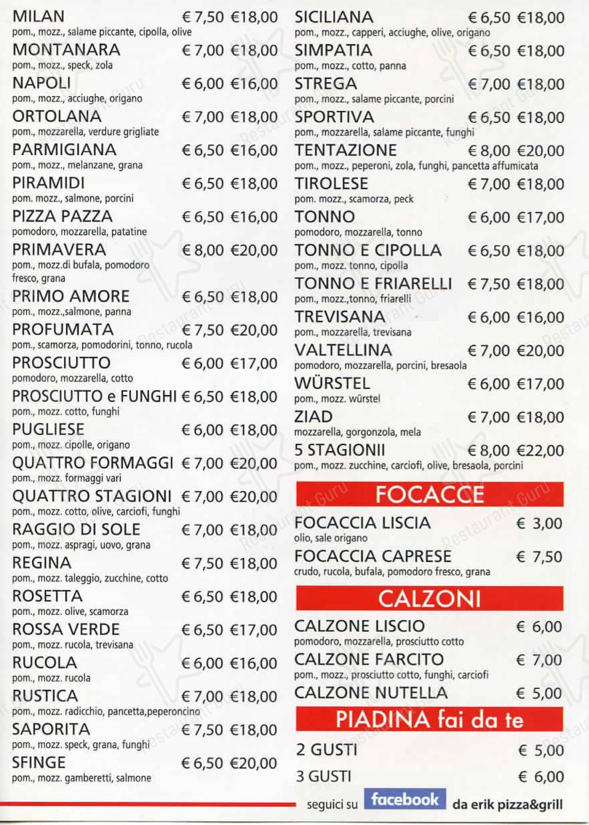 Menu au Da Erik Pizza e Grill restaurant, Saltrio